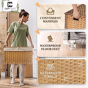 CAPHAUS Laundry Basket w/Lid, Synthetic Rattan Laundry Hamper w/Lid and Handles, 2 Removable Liner Bags, Foldable Clothes Hamper for Laundry, Large Storage Basket w/Lid, 65L, Grey