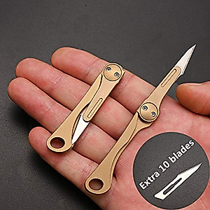 SZHOWORLD Brass Mini Folding knife Utility Knife with 10 Extra Replaceable Blades, Ultra Compact, Lightweight and Portable