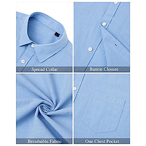 J.VER Men's Short Sleeve Linen Cotton Shirts Casual Button Down Shirt Summer Beach Tops with Pocket Light Blue X-Large