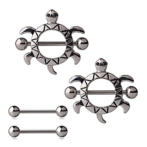 Ruifan Nipple Shield Rings Dangle Tortoise & Nipple Barbell Bar Retainer 316L Surgical Steel Body Piercing 14G 4PCS