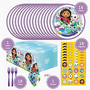 Unique Gabby's Dollhouse Party Supplies Pack for 16 Guests - Gabby Dollhouse Plates and Napkins, Table Cover, Forks, Sticker, Gabbys Doll House Birthday Party Decorations, Officially Licensed