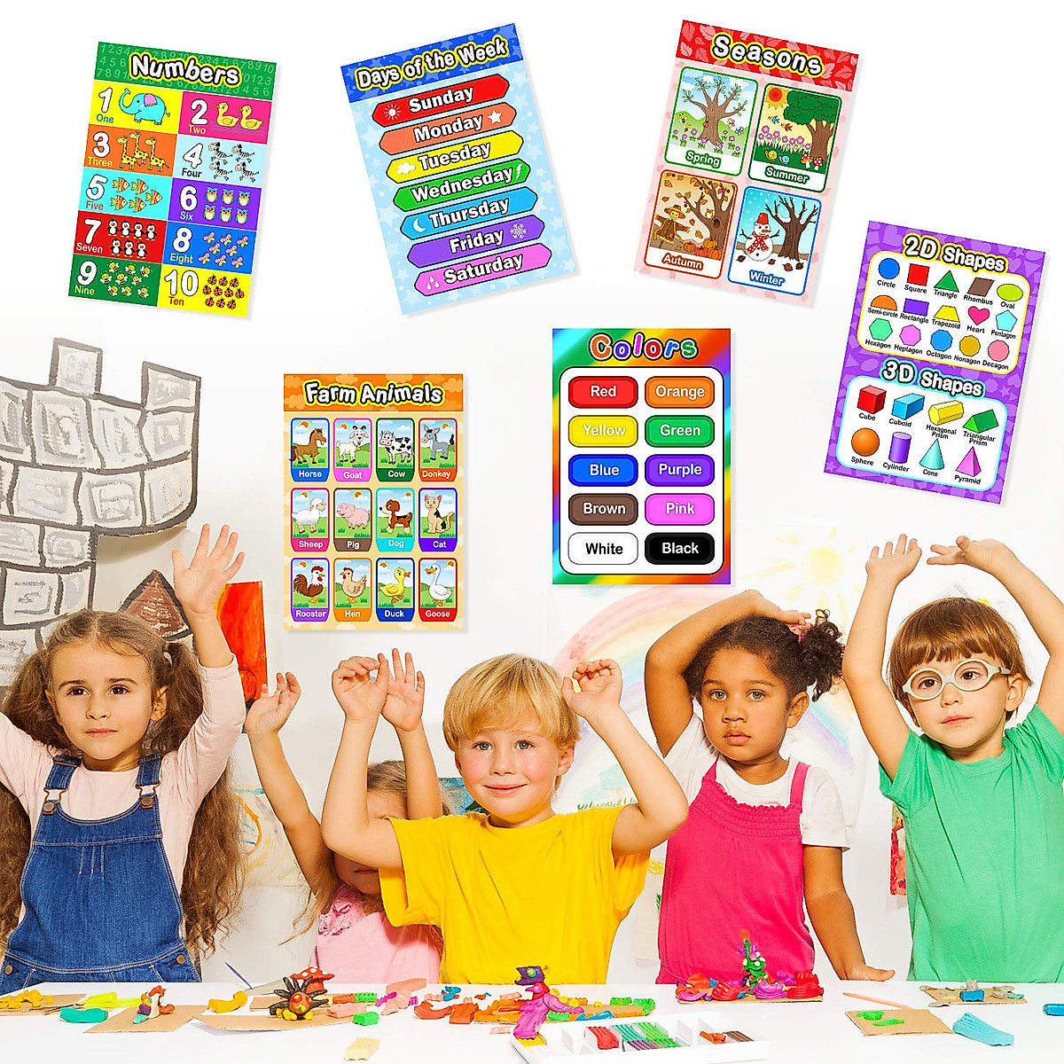 8 Educational Preschool Posters for Toddler and Kid Learning with 60 Glue Point Dot for Nursery Preschool Homeschool Kindergarten Classroom - Teach Numbers Alphabet Colors Months and More 16 x 11 Inch