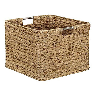 Household Essentials Woven Wicker Open Storage Basket with Stainless Steel Handle, Natural