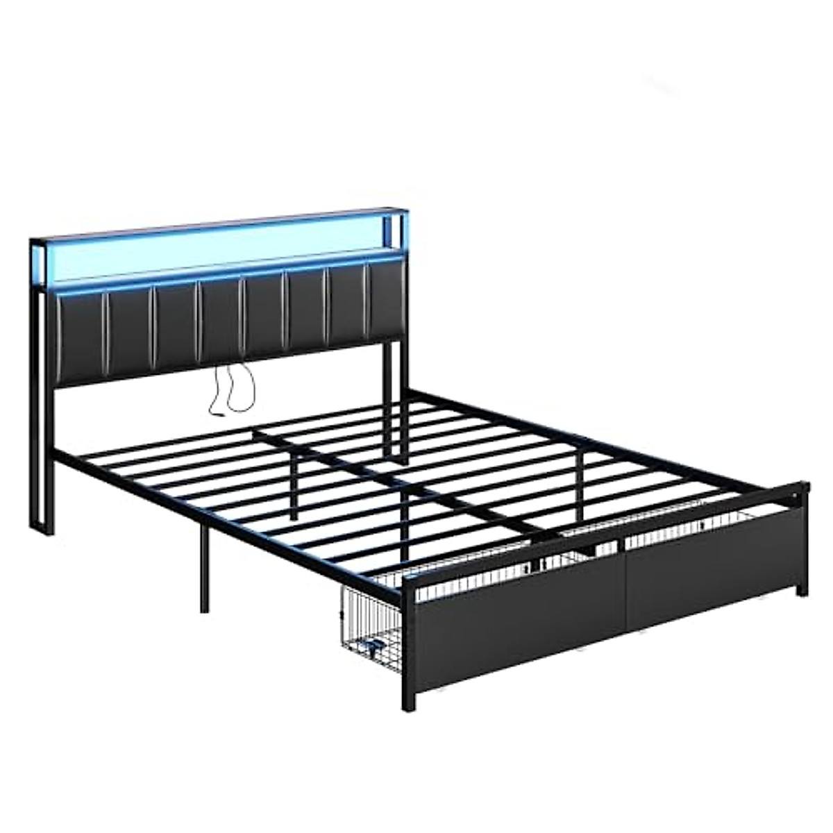 amerlife LED Bed Frame with Drawers, Full Platform Bed Frame with 2-Tier Storage & Leather Upholstered & Charging Station Headboard, No Box Spring Needed, Noise Free, Easy Assembly, Black