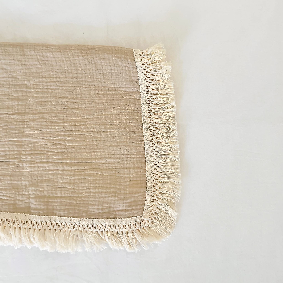 Muslin Cotton Baby Receiving Blanket with Fringe, Boho Bohemian Tassels, Nursery Decor, Boy or Girl Unisex Swaddle Wrap, Use as Throw or Nursing Fringed Blankets (Tan)