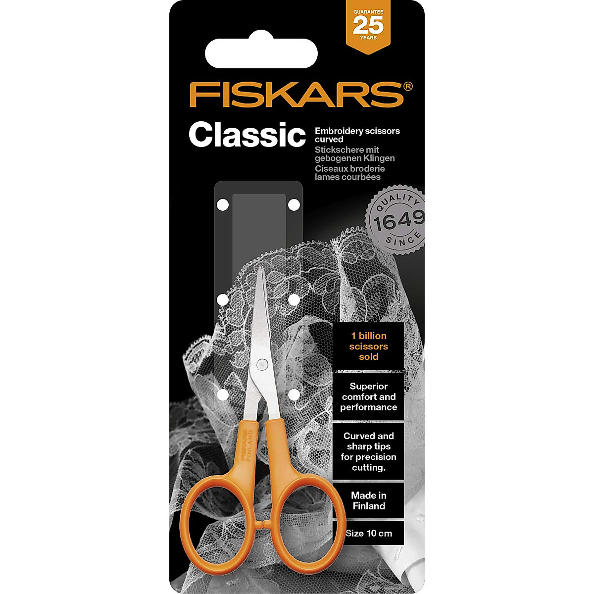 Fiskars Embroidery Curved, Length: 10 cm, For Right- and Left-handed Users, Stainless Steel Blade/Plastic Handles, Orange, Classic, 1005144