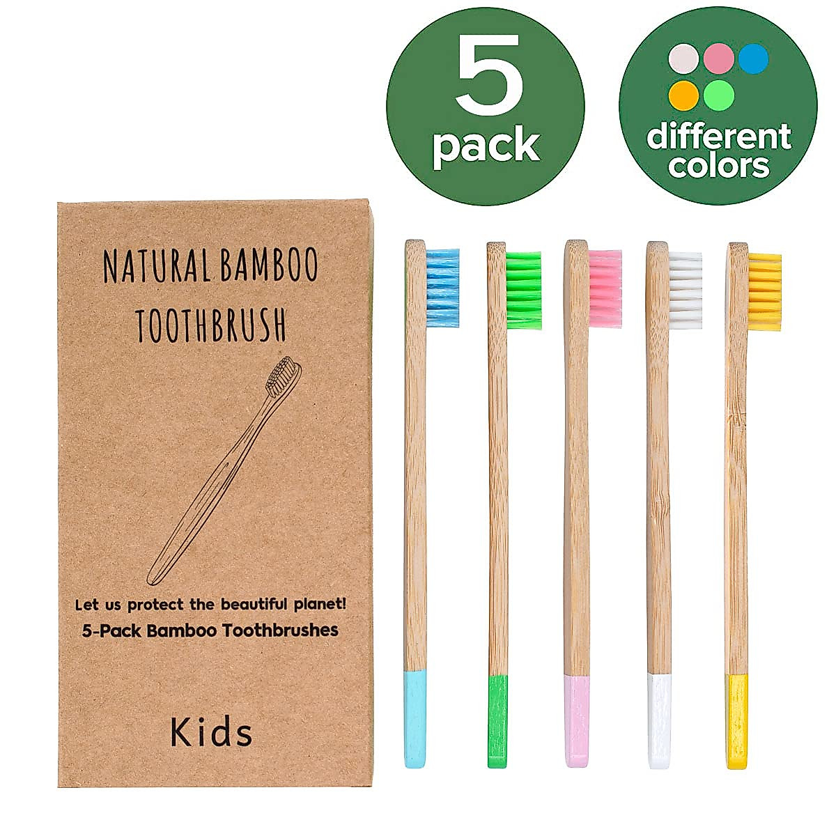 ECOPRO Kids Bamboo Toothbrushes 5 Pack Manual Toothbrush, Eco-Friendly Waterproof Wooden Handle Tooth Brushes Kit for Chidren