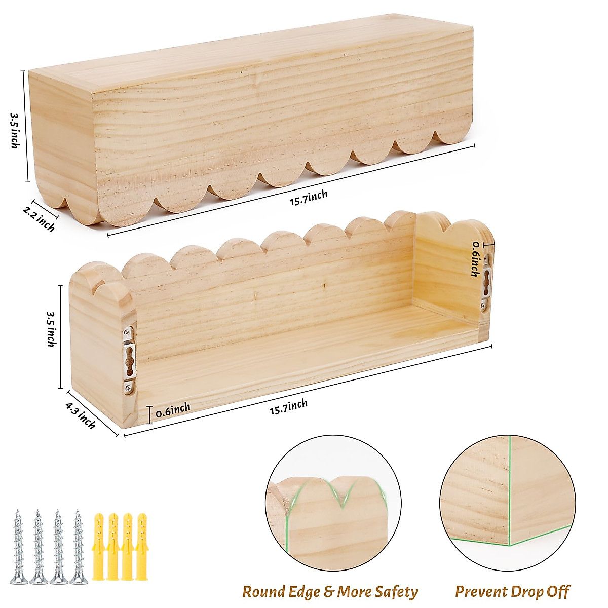 Zouboat Scalloped Floating Nursery Bookshelves for Wall Set of 2,Natural Wood Wall Bookshelf for Kids Rooms, Preassembled Baby Bookshelf,Hanging Storage Shelves (Burlywood)