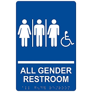 ComplianceSigns.com All Gender Restroom Sign, ADA-Compliant Braille and Raised Letters, 9x6 inch Blue Acrylic with Adhesive Mounting Strips