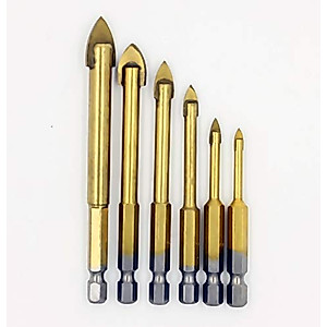 Meichoon Tile Drill Bits Set Glass 4-12mm 6PCS, Tungsten Carbide Titanium Coated 3 Cutting Triangle Head Drill Bit with Hex Shank for Tile Concrete Brick Glass Plastic and Wood DC05