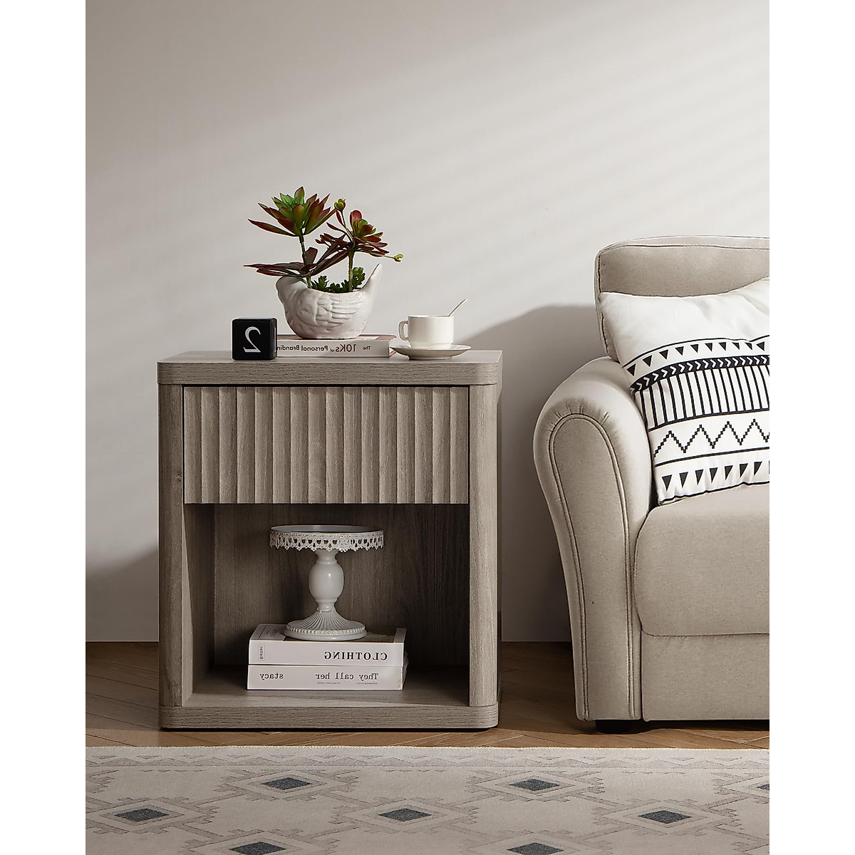 SICOTAS Night Stand Set of 2 Nightstands with Drawer Storage Bed Side Table End Table Large Modern Wood Wide Bedside Stand Mid Century Night Stands for Bedroom Living Room Sofa Couch Office (Grey)