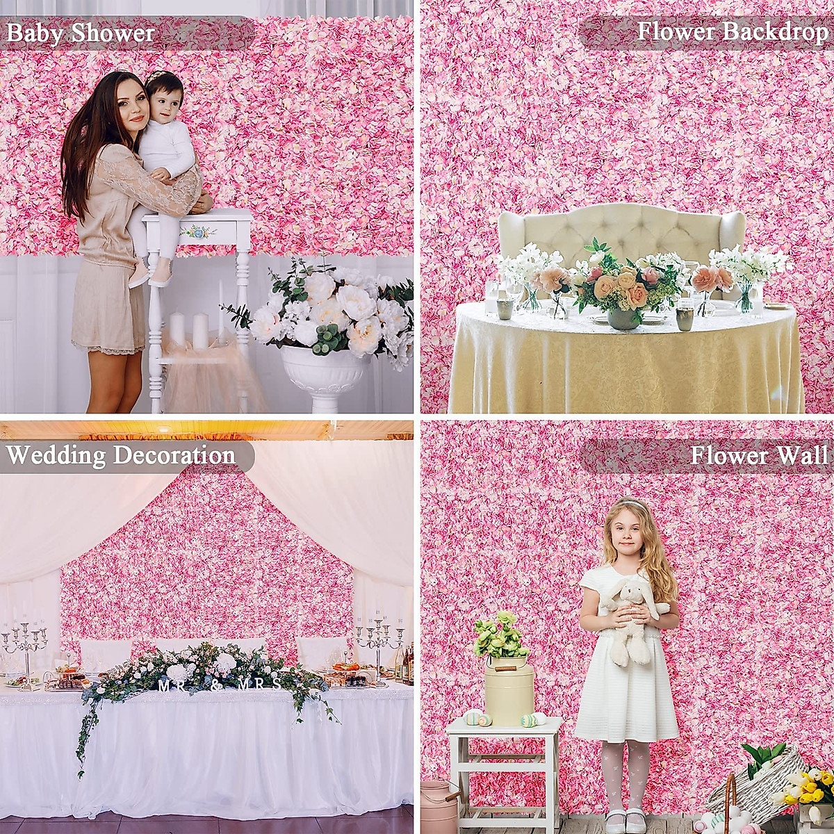 Flower Wall Panel Set, U'Artliens Artificial Wall Flower Backdrop 24x16 Inch 3D Silk Hydrangea Rose Floral Panel for Photo Background Home Party Wedding Backdrop Decoration (4pcs, Pink)