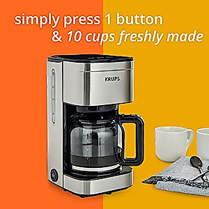 Krups Simply Brew Stainless Steel Drip Coffee Maker 10 Cup 900 Watts Coffee Filter, Drip Free, Dishwasher Safe Pot Silver and Black
