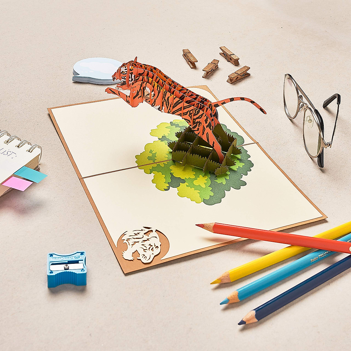 Rykamia Tiger Pop Up Card, Blank, with Envelope, 3D, Delightful Illustrations, Suitable for Any Occasion, Protective Poly Bag Included