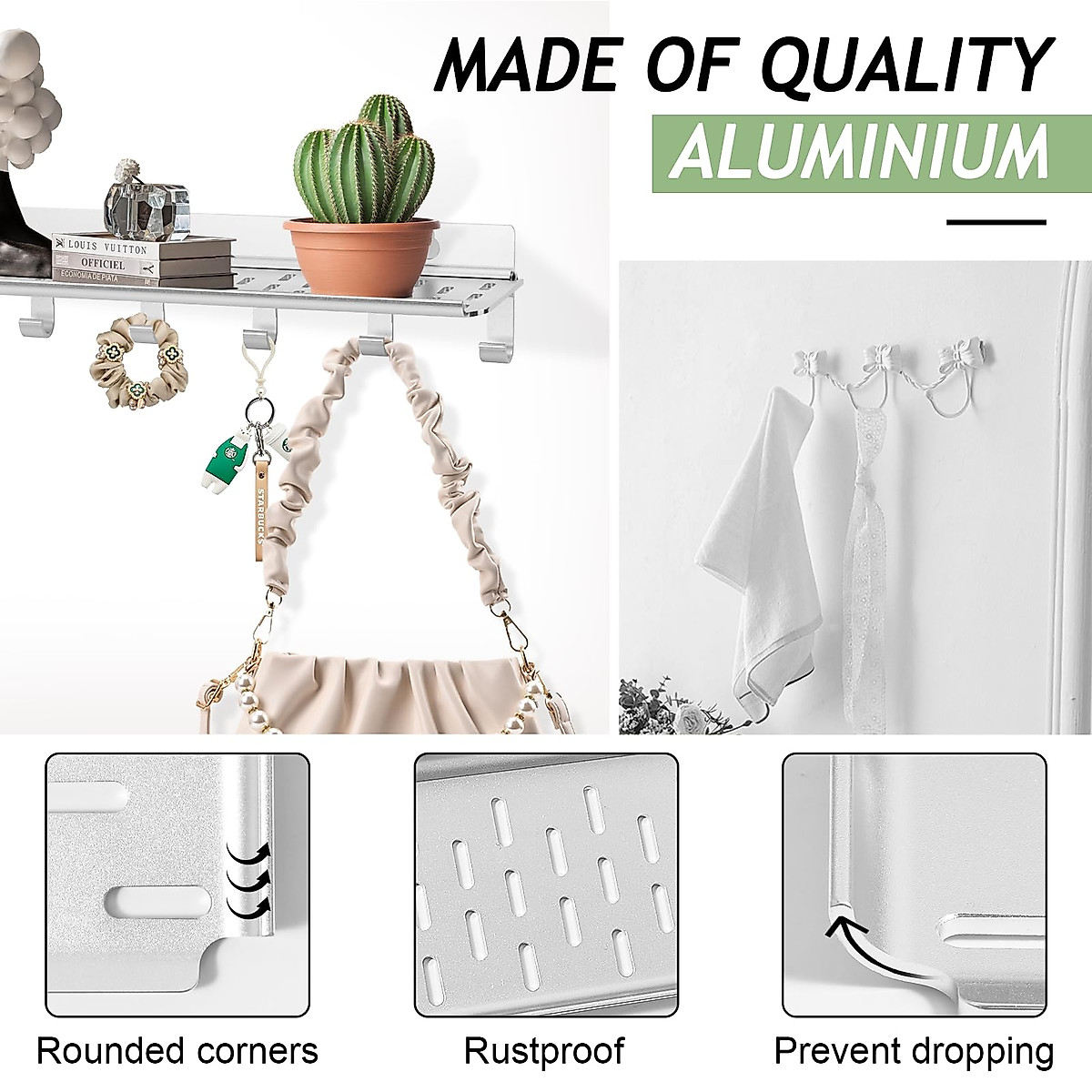 Wall Hooks with Shelf, Small Rustic Wood Key Rack with 6 Hooks, Metal Coat Rack with Shelf Wall-Mounted, Entryway Hanging Shelf, Organizer for Living Room Bedroom Bathroom Office Home Decor(Silvery)