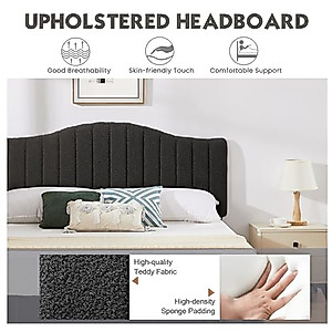 VECELO Queen Size Bed Frame Upholstered Platform Beds with Height Adjustable Teddy Fabric Headboard, Strong Wood Slats, 7.9'' Under Bed Space, Noise-Free, No Box Spring Needed, Black