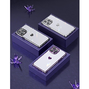 Tzomsze for iPhone 14 Pro Max Case Square [2 in 1] Clear &Glitter Cute Heart Pattern,Full Lens Protection & Electroplate Reinforced Corners Shockproof Edge Bumper Case [6.7 inches] -Purple