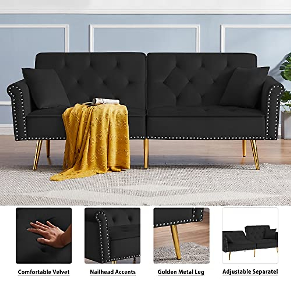 HUAYICUN Loveseat Convertible Sleeper Sofa, Modern Velvet Futon Sofa with 2 Pillows, Modern Armchair Accents Couch Metal Legs Lounge Chairs for Living Room