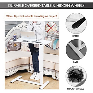 Over bed Table Pneumatic Adjustable Height Stand Desk with hidden Wheels USB Ports Pad slot Mobile Laptop Standing Desk Cart, Podium table (White, 32X16 inshes)