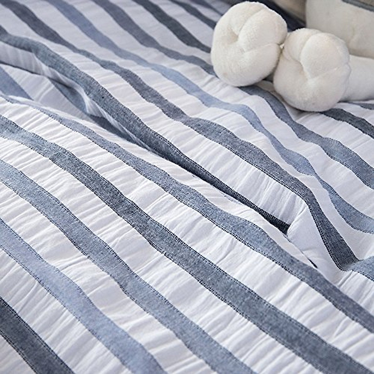 Merryfeel Seersucker Duvet Cover Set King,100% Cotton Woven Seersucker Stripe Bedding Set,3 Pieces (1 Comforter Cover with 2 Pilowwshams)- Blue King
