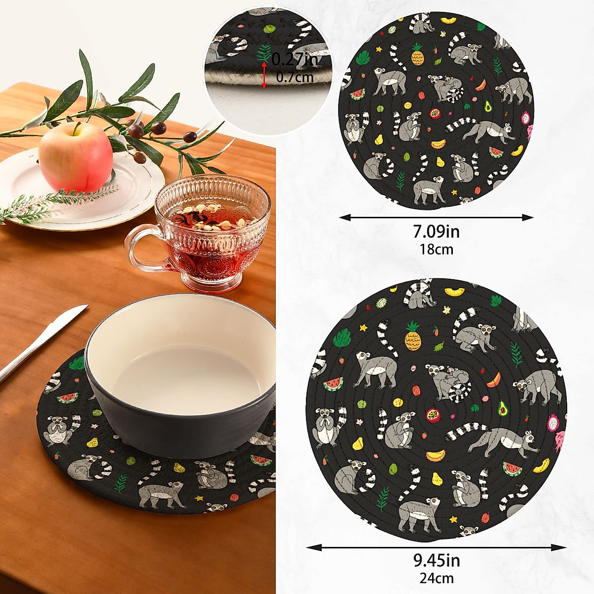 Lemur Tropical Fruits Cotton Braided Hot Pads Trivet Pot Holder for Kitchen Pot Holders Round Woven Potholders for Hot Dishes Suitable for Kitchen Farmhouse Dining Table Dining Room Party