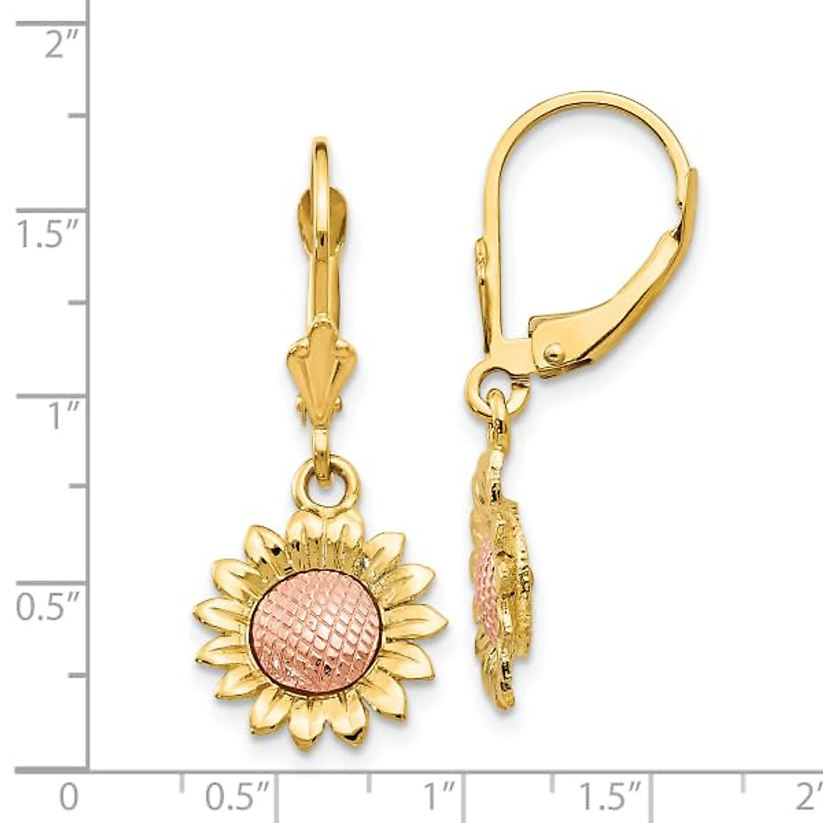 14K Two Tone Gold Sunflower Daisy Flowers Drop Dangle Earrings Sunshine Summer Jewelry