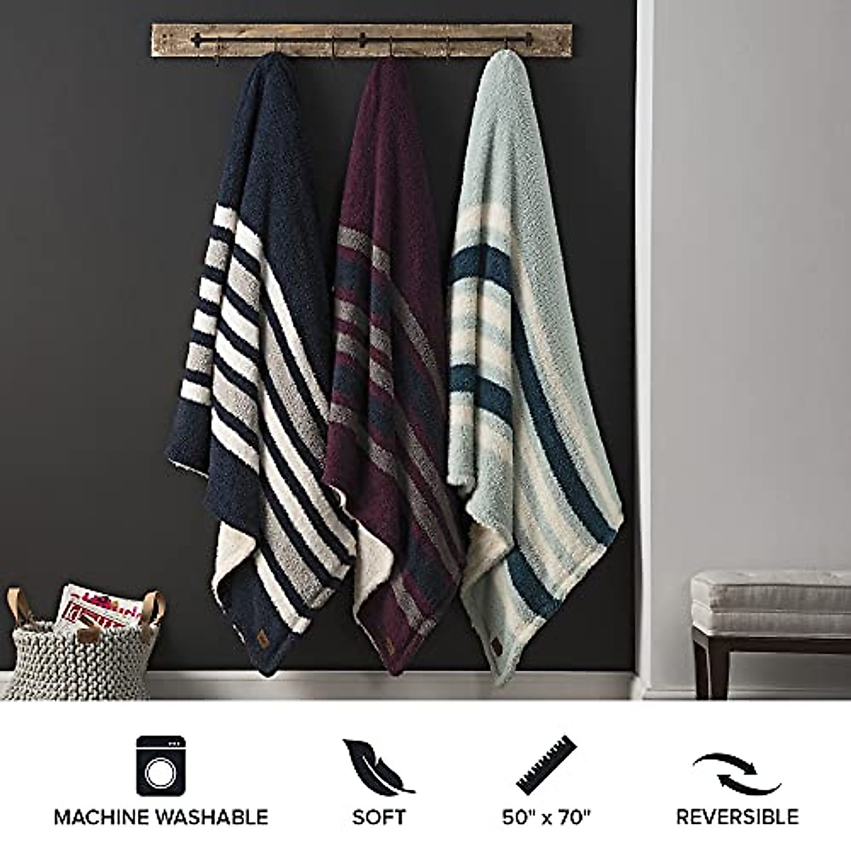 UGG Ana Striped Eyelash Sweater + Sherpa Fleece - Reversible Throw Blanket, Navy