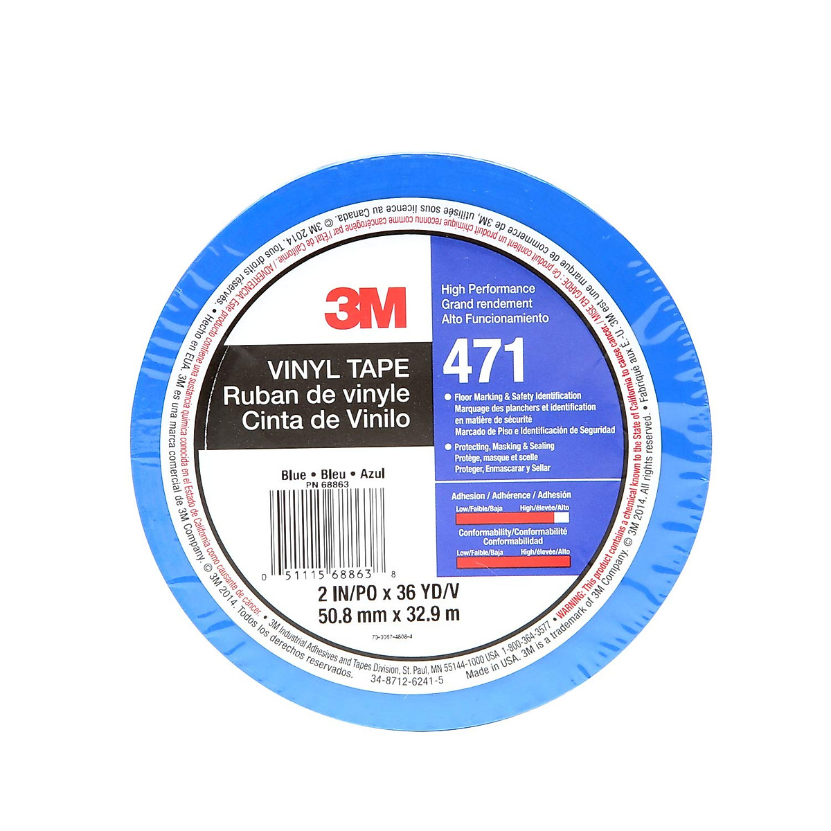 3M Vinyl Tape 471, Blue, 2 in x 36 yd, 5.2 mil