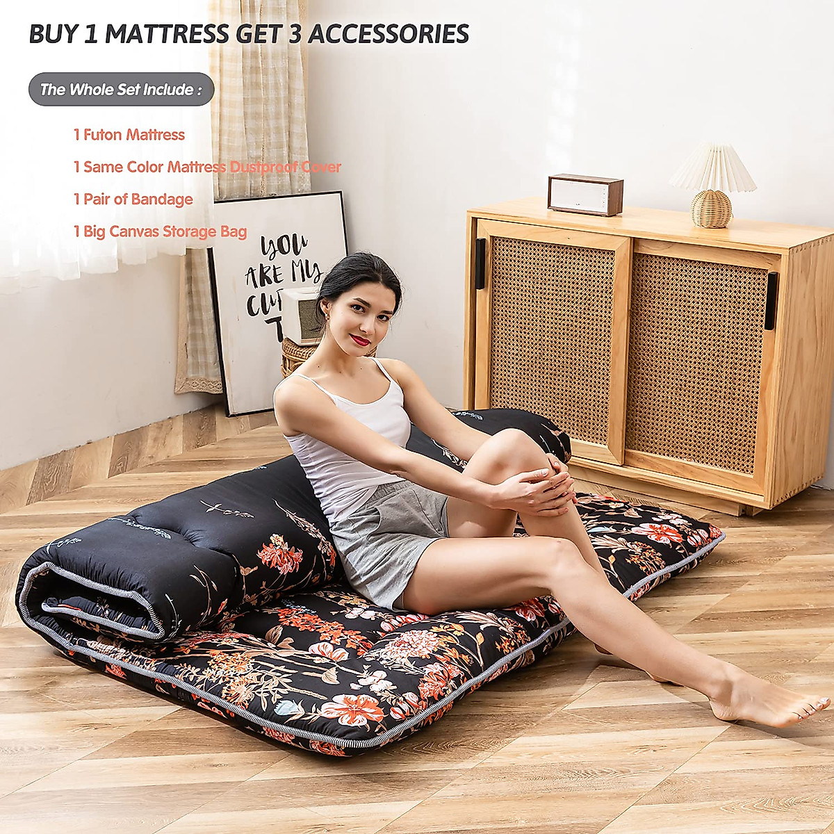Black Floral Japanese Futon Floor Mattress, Bed Mattress Topper Portable Thick Sleeping Pad Floor Bed Roll Up Camping Mattress Folding Couch Bed Mattress Pad for Guest Room, Full Size