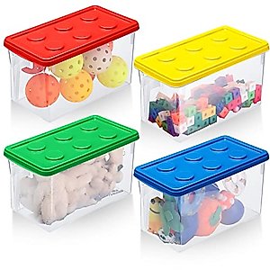 Sintuff 4 Pack Toy Storage Organizers Bins with Lid, Plastic Stackable Storage Box with Handle Design, Brick Shaped Toy Containers for Organizing Building Brick Dolls Toys, 4 Colors