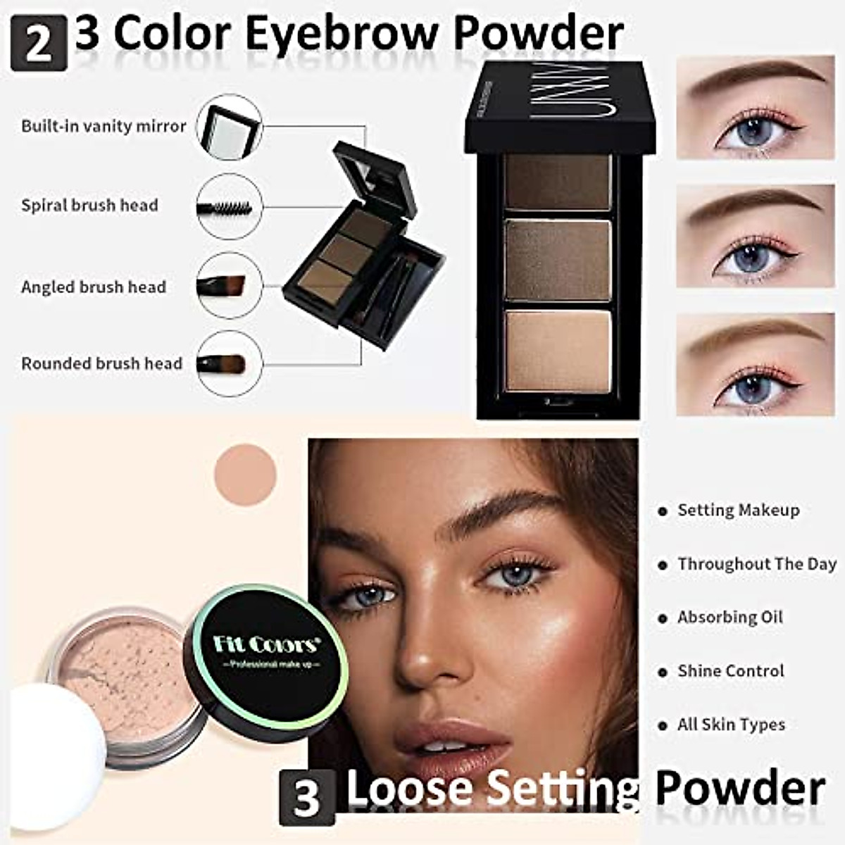 Lookmee All In One Makeup Essential Starter Kit for Beginners or Pros, 18 Colors Naked Eyeshadow Palette Nude Face Primer, Brush, Sponge, Eyebrow Powder, Winged Eyeliner Stamp (SetA)
