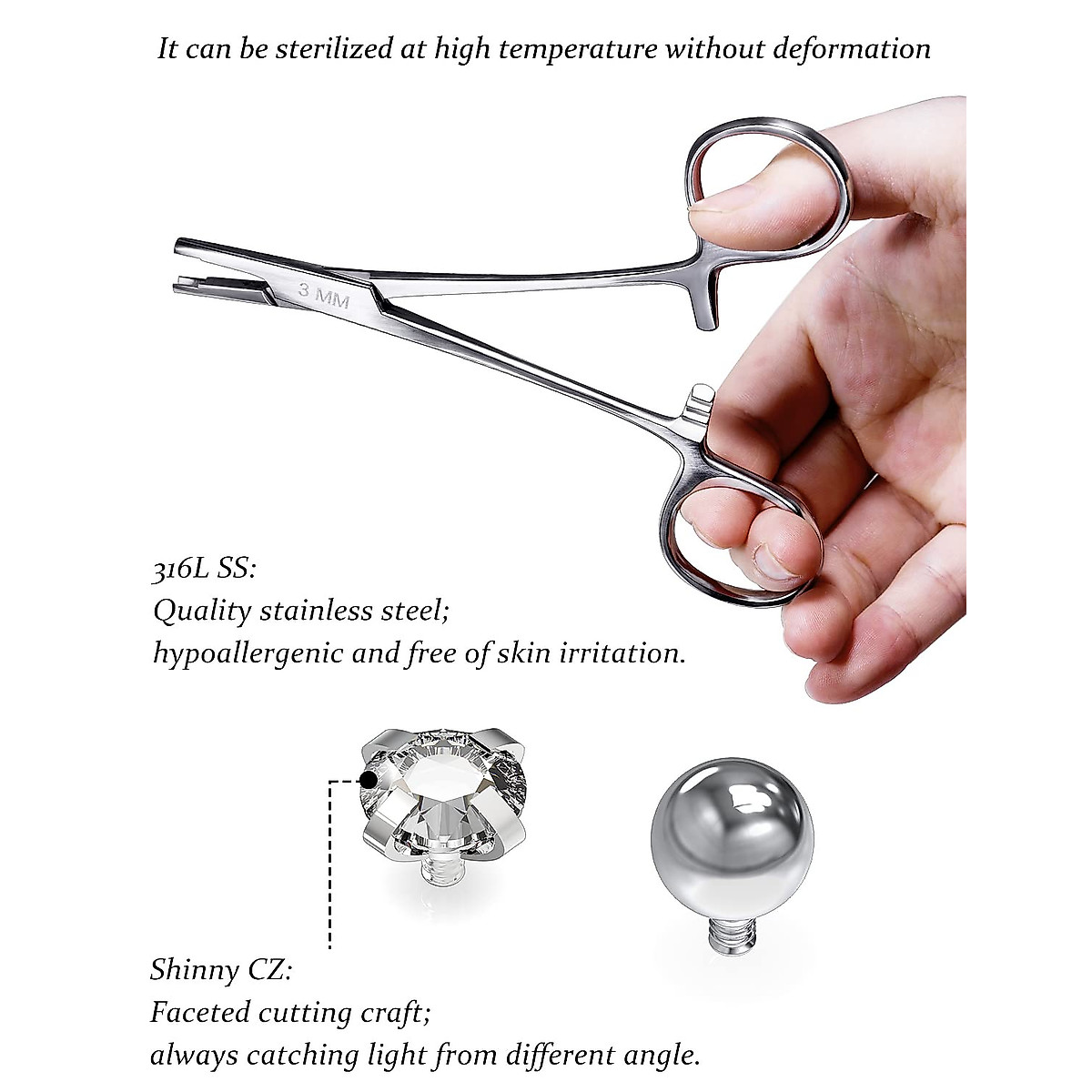 Vsnnsns 316L Surgical Stainless Steel 3MM Dermal Anchor Piercing Clamps Forceps Pliers with 3mm Internally Threaded G23 Solid Titanium Ball CZ Dermal Anchor Piercing Jewelry Kit Tools