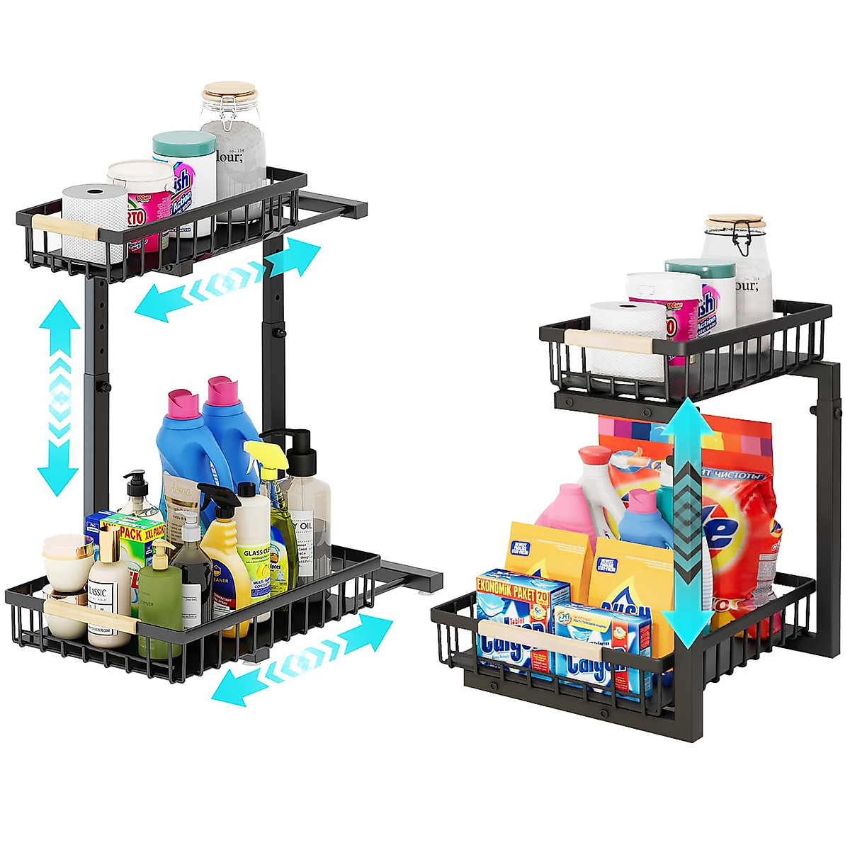 Under Sink Organizer, 2 Packs 2 Tier Under Sink Organizers and Storage, Slide out Pull out Cabinet Organizer Shelf, Metal Sliding Drawer for Kitchen Bathroom Pantry Cabinet Closet Organization Rack