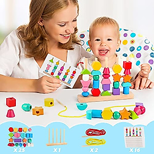Montessori Wooden Beads Sequencing Toy Set, Stacking Blocks & Lacing Beads & Matching Shape Stacker, Montessori Toys for 2 3 4 5 Year Old STEM Preschool Learning Toys Gifts for Kids Boy Girl Toddler
