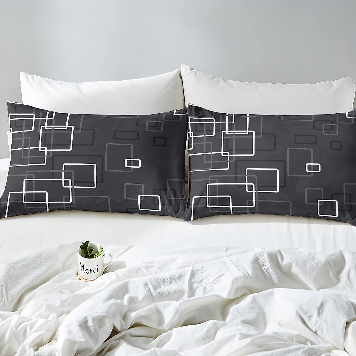 Black Grey White Sheet Set,Geometric Square Bed Sheets for Kids Boys Girls,Geometry Ombre Stripes Bedding Set King,Modern Simple Style Fitted Sheet Wrinkless + Top Sheet + 2 Pillowcases Bedroom Decor