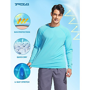 TSLA Men's Rashguard Swim Shirts, UPF 50+ Loose-Fit Long Sleeve Shirts, Cool Running Workout SPF/UV Sun Shirts, Sun Block Sky Blue, Large