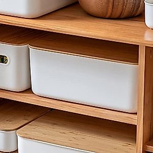 Citylife 2 PCS Storage Bins with Bamboo Lids Plastic Storage Containers for Organizing Stackable Storage Box with Handle, 15.12 x 10.67 x 5.98 inch