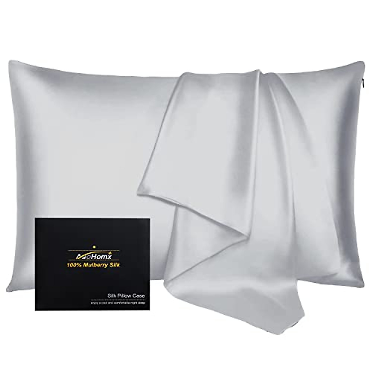 AsoHomx Silk Pillowcase for Hair and Skin,Both Sides 22MM 100% Mulberry Silk Bed Pillow Case with Hidden Zipper,Soft Smooth & Cooling Silk Pillow Cover,1pc(Queen20''x30'', Silver Grey)
