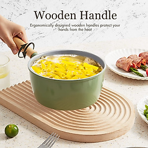 ROCKURWOK Ceramic Nonstick Sauce Pan with Lid, 1.5 Qt Small Pots for Cooking, Small Pot Wooden Handle for Cool Touch, Non Toxic & Pfas-Free Saucepan, Universal Base(Gas, Electric & Induction), Green