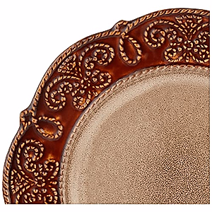 Elama Round Decorated Stoneware Scallop Embossed Dinnerware Dish Set, 16 Piece, Salia