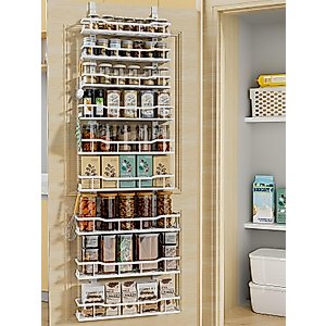 MSERCUOR Over The Door Pantry Organizer Rack, 9-Tier Metal Pantry Organization And Storage with Adjustable Baskets, Hanging Spice Rack for Home & Kitchen Laundry Room Bathroom (9 Tier White)