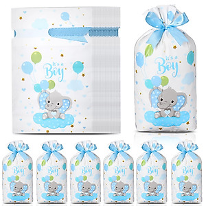 Chiisong 50 Pcs Baby Shower Treat Bags with Bow Plastic Baby Drawstring Candy Goodie Bags Baby Shower Party Favor Gift Bags for Boy Girl Birthday Gender Reveal Party 9 x 6 x 2 Inch(Elephant)