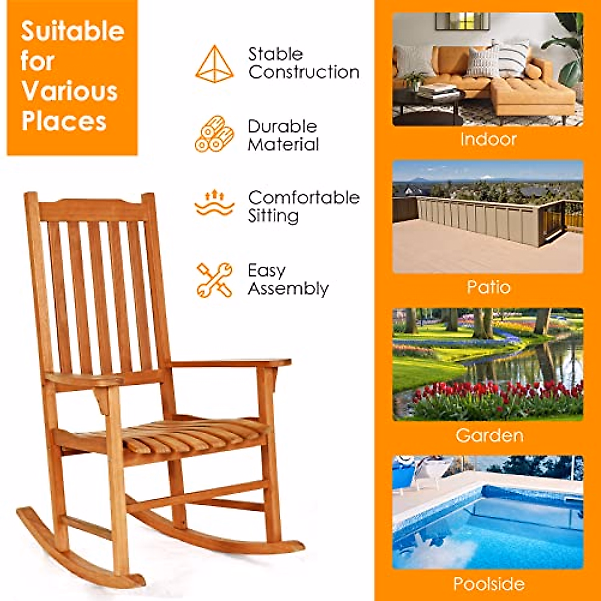 Tangkula Patio Rocking Chair, Indoor Outdoor Wooden Rocker Lounge Chair for Porch Garden Backyard Balcony, Rustic High Back Armchair w/Heavy-Duty 350 LBS Weight Capacity (1)