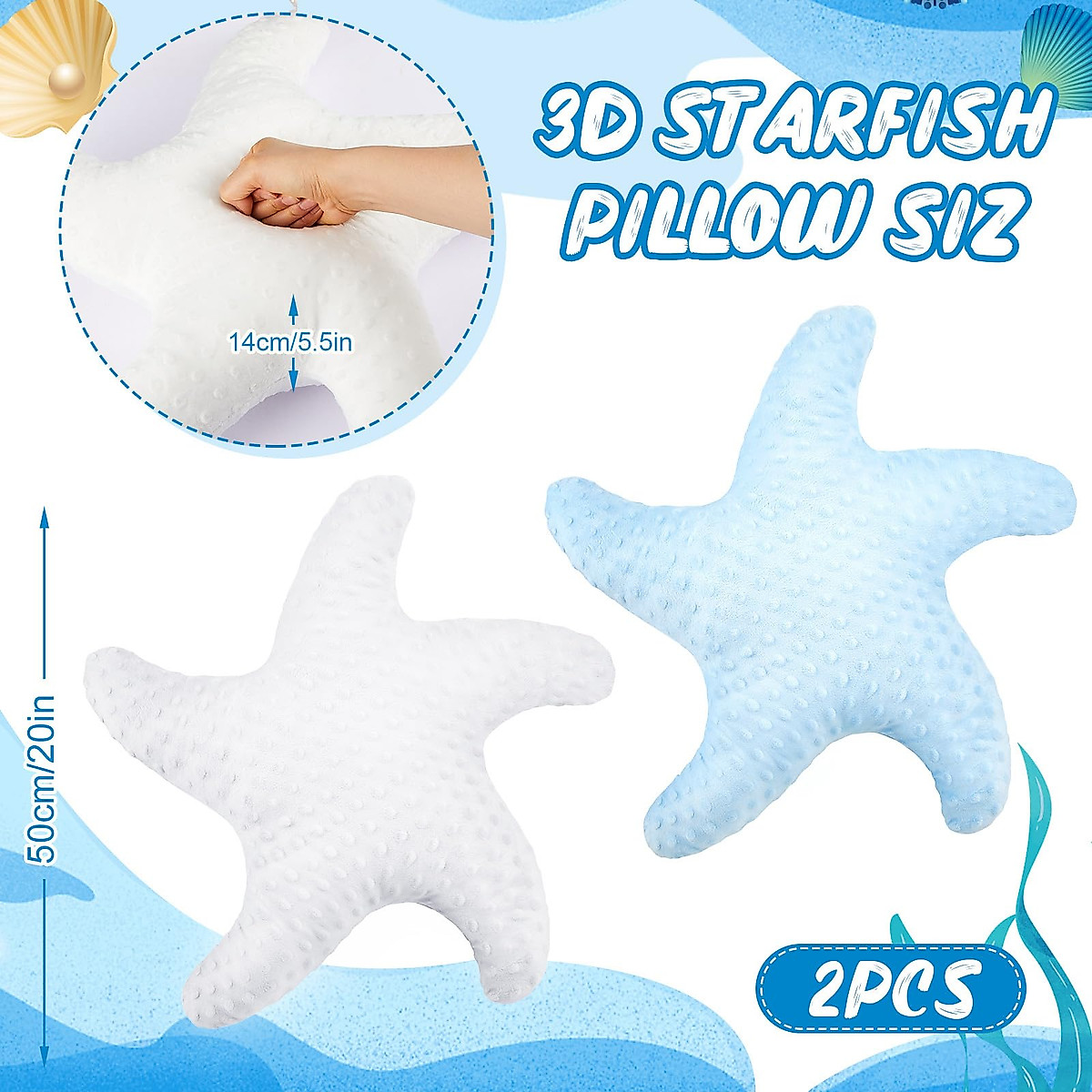 2 Pcs Starfish Pillow Cute Beach Pillow 20'' Star Fish Shaped Throw Pillows Plush Beach Room Decor Decorative Ocean Star Stuffed Toy Animal Plush Cushion for Bedroom Living Room (White,Blue)
