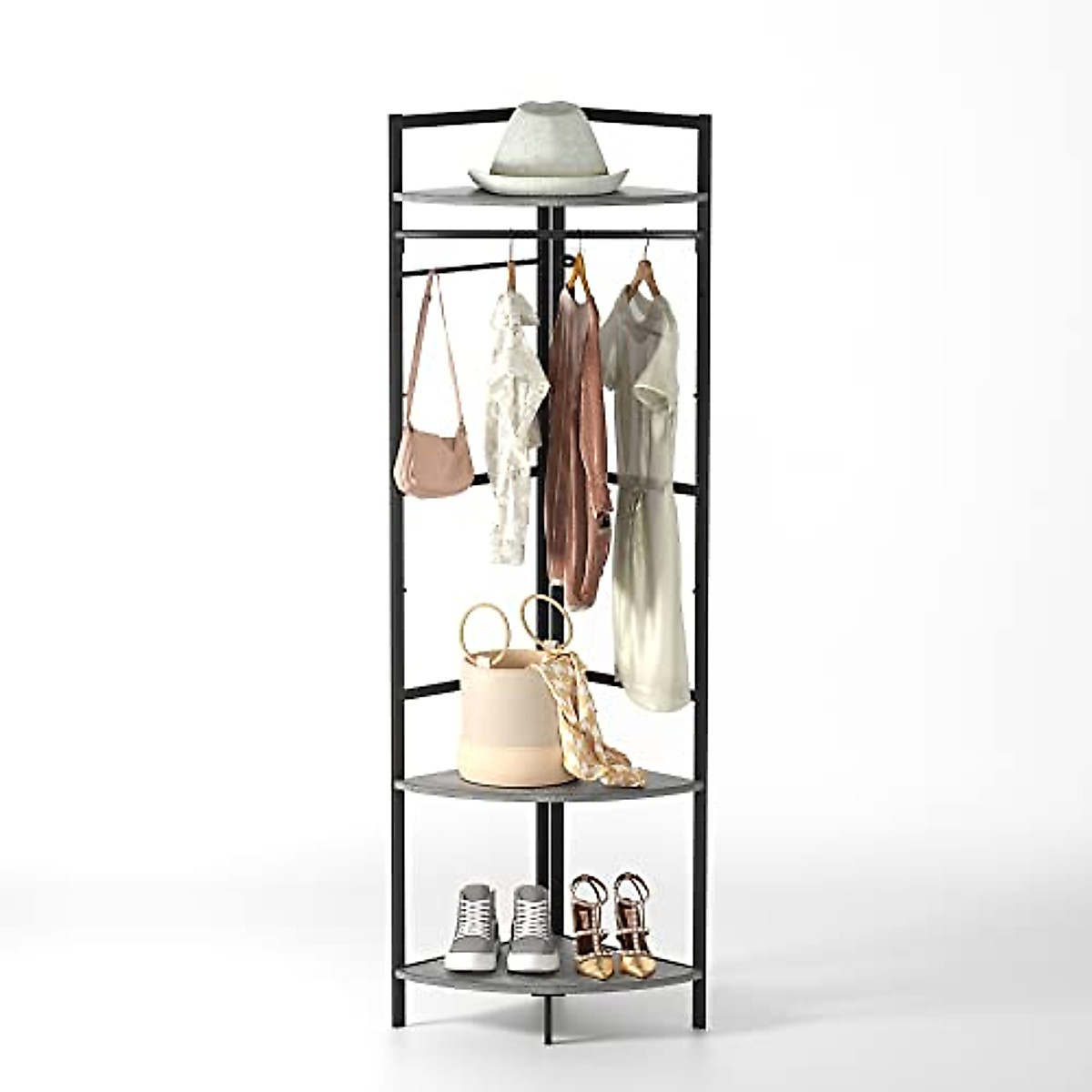 QNICE 5 Tier Industrial Corner Shelf Stand, Tall Rustic Coat Rack, Wood and Metal Corner Shelving (Dark Grey Oak)