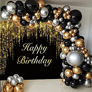 Dienalls 7x5ft Happy Birthday Backdrop for Women Girls Black and Gold Glitter Bokeh Sequin Spots Background for Photography Golden Sparkle Shining Photo Booth Props Party Banner Cake Table Decor