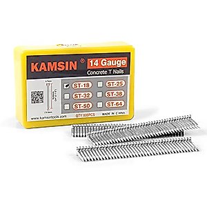 KAMSIN ST18 14 Gauge Concrete T Nails, 3/4'' (18MM) Length Collated Concrete T Nails, Galvanzied, 800 PCS/BOX, Fasteners for Pneumatic Concrete T Nailer, Air T Nail Gun