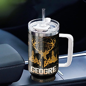 WAZONE Personalized Hunting 40oz Tumbler with Handle and Straw Lid Custom Name Wood Drawing Tumblers Stainless Steel Travel Cup for Father Dad Man Hunter Lover Gift Birthday Christmas Fathers Day