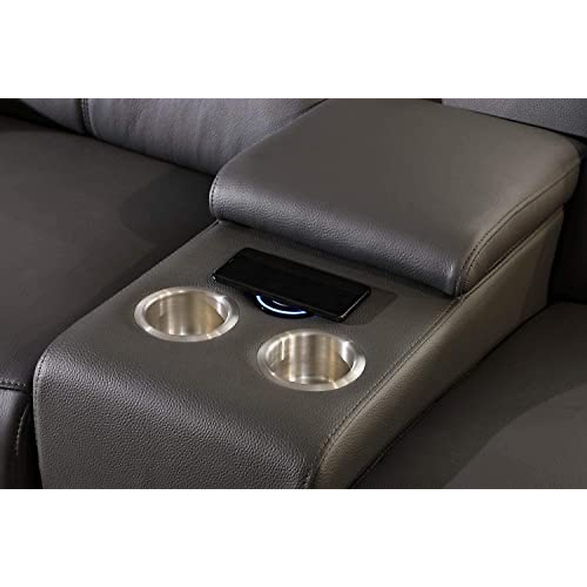 Blackjack Furniture Venice 7 Piece Italian Leather Sectional Sofa with 3-Power Recliners, Adjustable Headrest, Lumbar Support, USB and Wireless Charging Station, Extra Large Storage, 1 Console, Gray