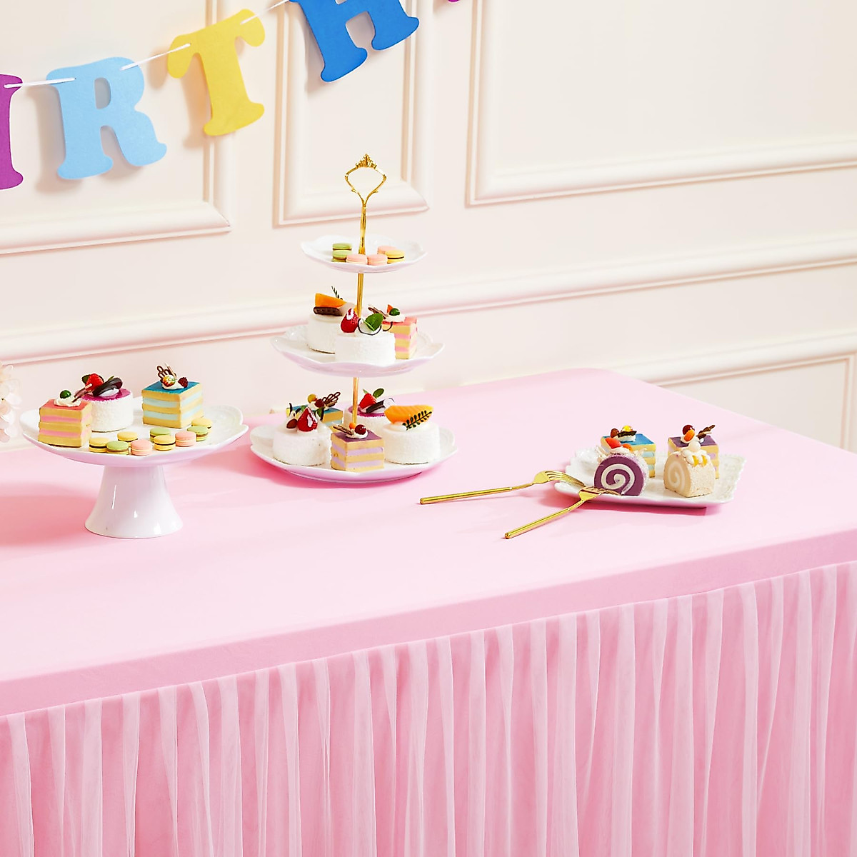 Suppromo 6ft Pink Tablecloth with Tulle Table Skirt for Rectangle Tables 3 Sides Pink Tutu Table Cover for Baby Shower Girls Birthday Party Wedding Dessert Cake Table Decorations